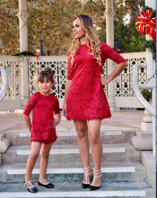 Half Sleeve Lace Red Short Mommy Daughter Matching Prom Dress Fgd481
