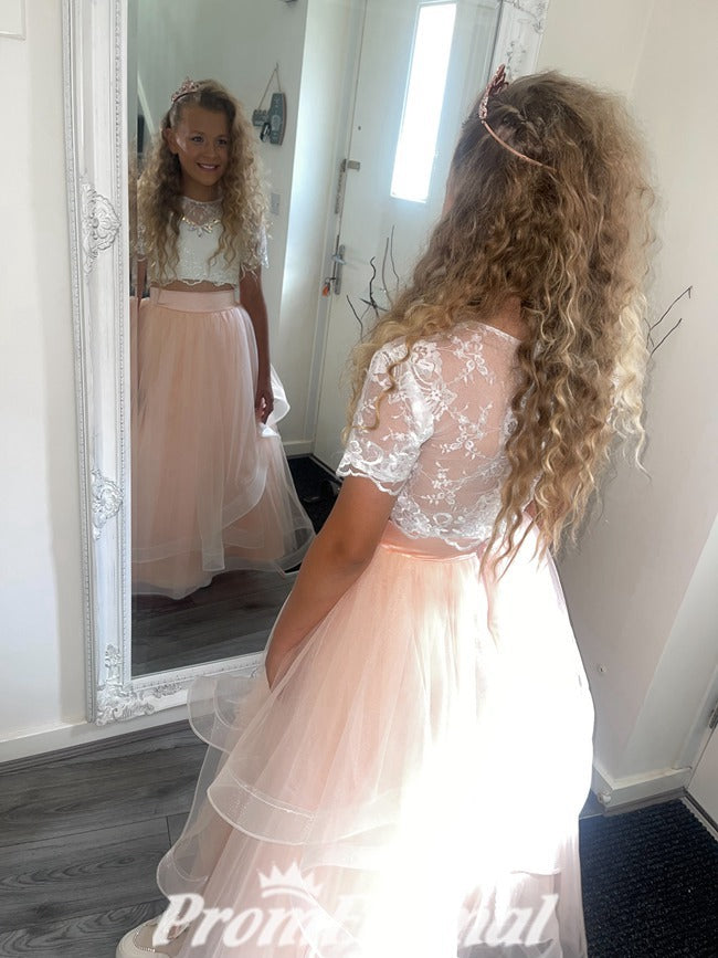 Two Piece Lace Short Sleeve Kids Prom Dress BDCHK173
