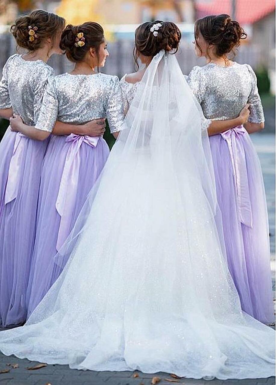 Lilac Tulle Sequins Half Sleeve Bridesmaid Dress GBD107