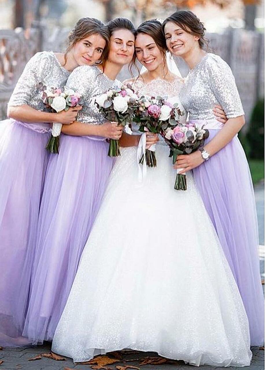 Lilac Tulle Sequins Half Sleeve Bridesmaid Dress GBD107