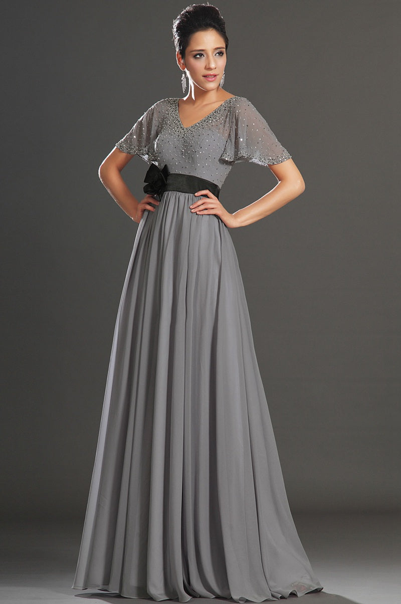 A-Line Silver Chiffon Beading Mother Gowns V-neck Short Sleeve Bridesm
