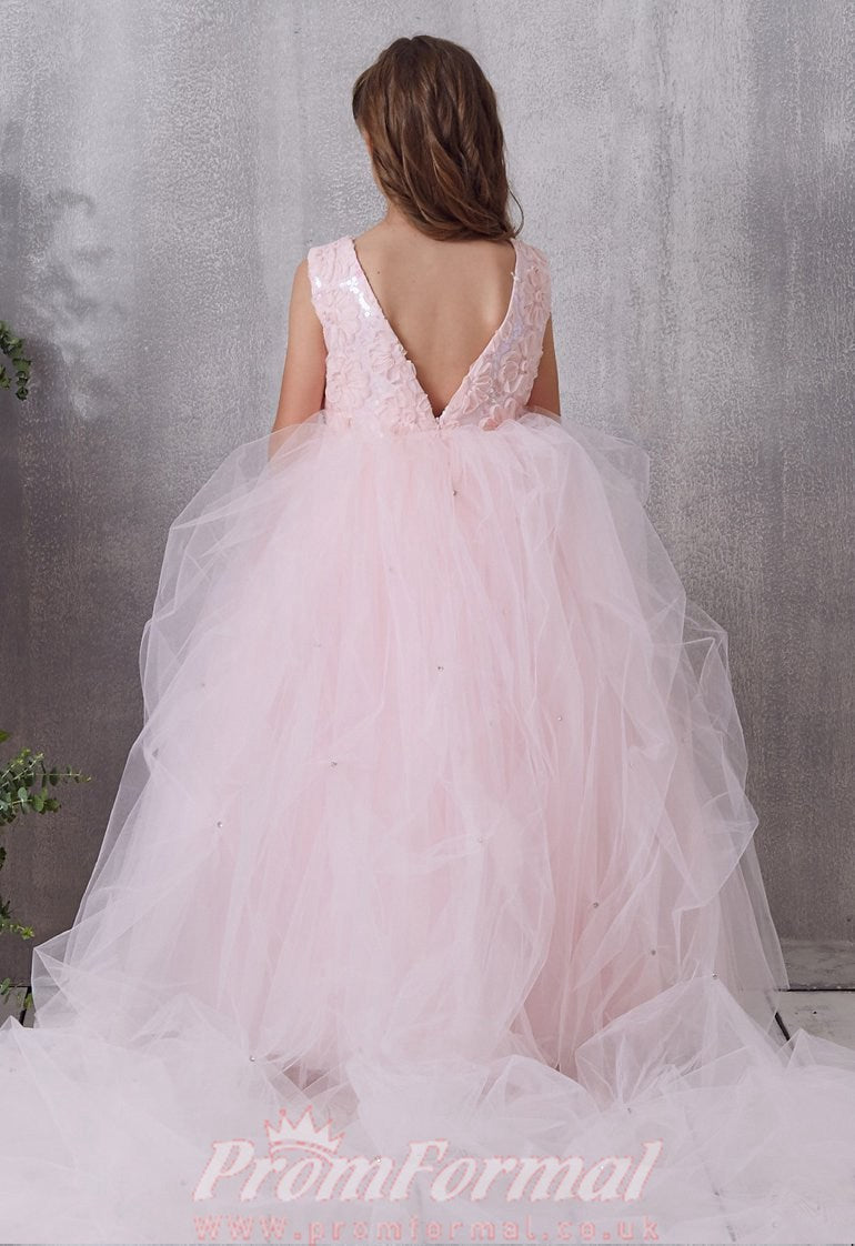 Blushing Pink Lace Tulle Floor-length Princess Children's Prom Dress