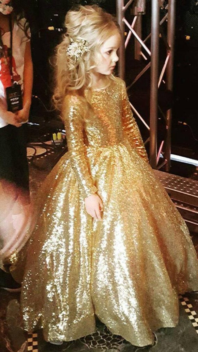 Long Sleeve Sequins Gold Kids Prom Dress BDCHK003